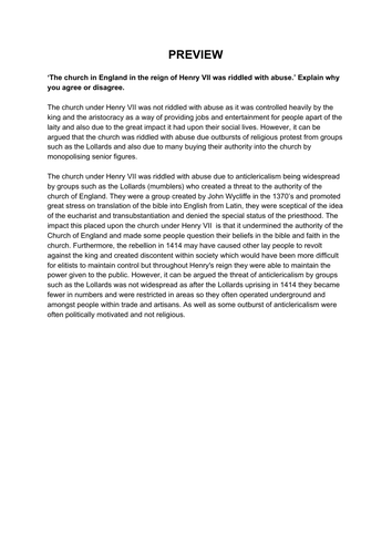 A level History Tudor Essay on Henry VII and the Church | Teaching ...