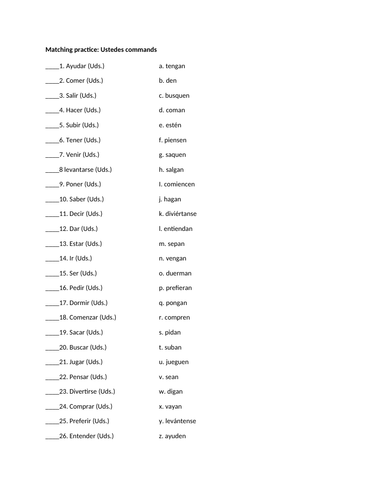 Ustedes commands matching practice | Teaching Resources