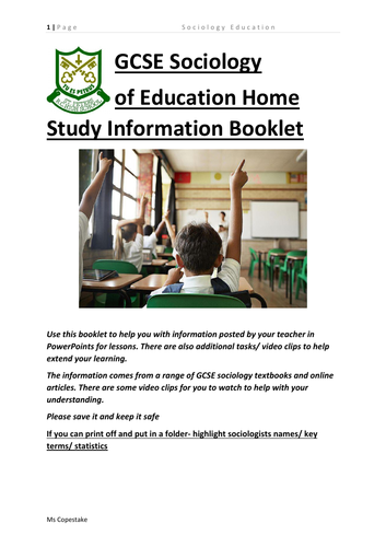 GCSE sociology of education information booklet | Teaching Resources