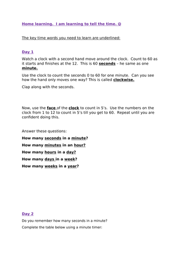 Home learning to tell the time for KS1 | Teaching Resources