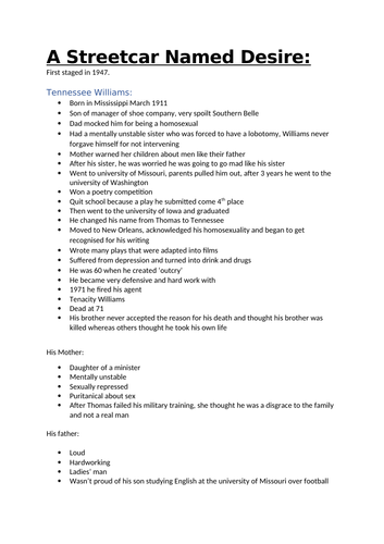 A Streetcar Named Desire CONTEXT AQA | Teaching Resources