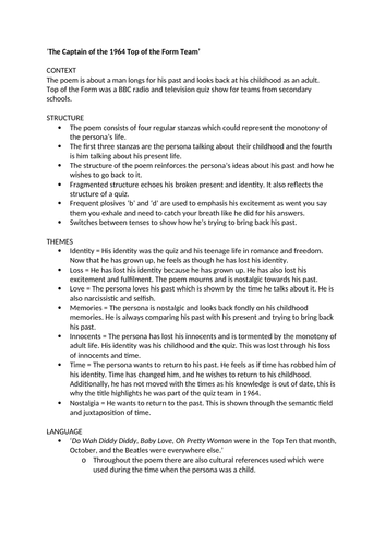Analysis for all Carol Ann Duffy Poems from A Level AQA Poetry ...
