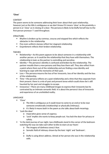 Analysis for all Carol Ann Duffy Poems from A Level AQA Poetry ...