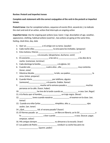 Review of preterit imperfect | Teaching Resources