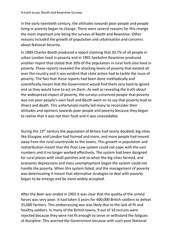 History: Booth and Rowntree 9-mark essay | Teaching Resources