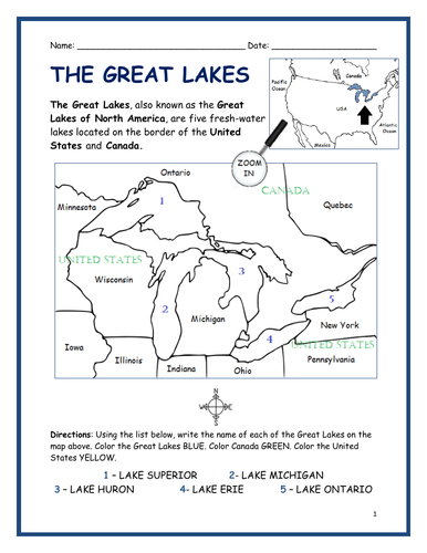 THE GREAT LAKES OF NORTH AMERICA Printable Worksheets | Teaching Resources