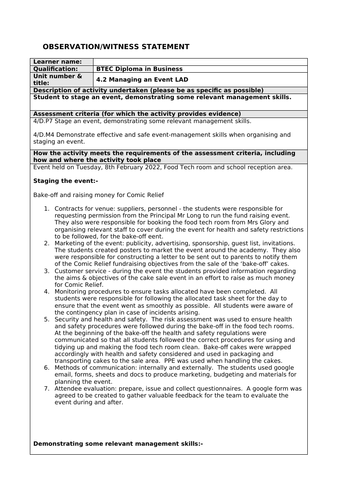 BTEC Level 3 Business Unit 4: Managing an Event - Learning Aim D & E (Completed) | Teaching ...