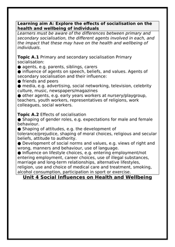 BTEC First Health & Social Care Unit 4 Social Influences LAA | Teaching ...