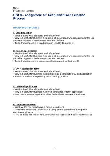 BTEC Business Level 3 - Unit 8 Recruitment & Selection Process ...