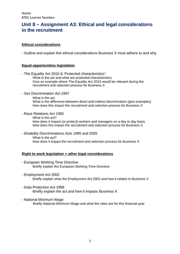 BTEC Business Level 3 - Unit 8 Recruitment & Selection Process ...
