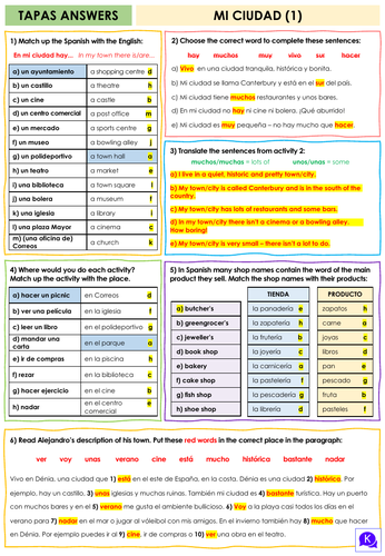 SPANISH TAPAS WORKSHEET WITH ANSWERS - Mi ciudad [1] | Teaching Resources