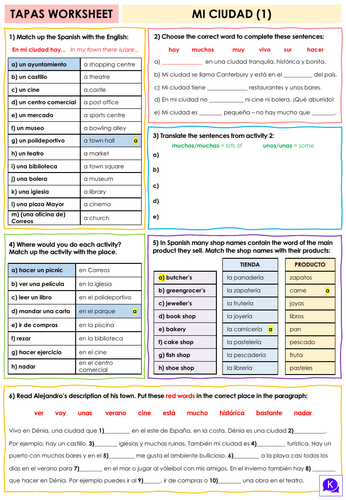 SPANISH TAPAS WORKSHEET WITH ANSWERS - Mi ciudad [1] | Teaching Resources