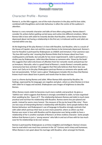 Romeo and Juliet - Character Profile - Romeo | Teaching Resources