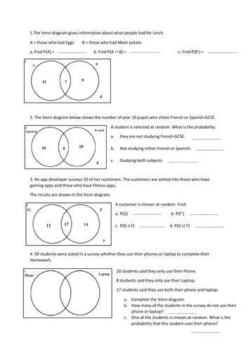 Probability and Venn Diagram worded questions worksheet with answers ... Probability and Venn Diagram worded questions worksheet with answers ...