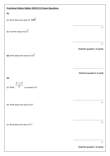 GCSE (9-1) Fractional Indices Exam Pack | Teaching Resources