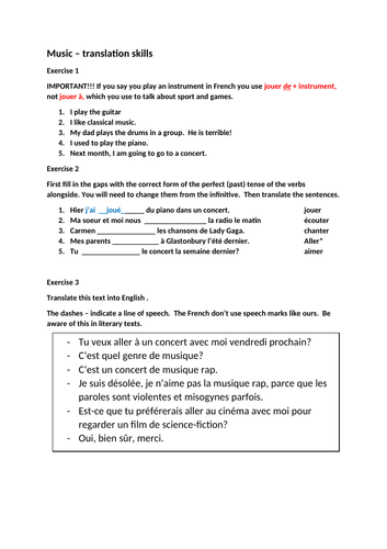 Music Preferences: GCSE French translation skills | Teaching Resources