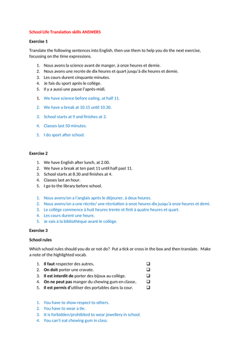 School life: GCSE French translation skills | Teaching Resources