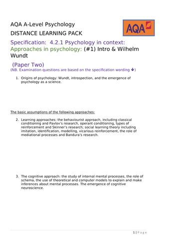 AQA A-Level Psychology: Approaches, Distance Learning Pack, Full Module ...