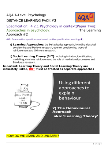 AQA A-Level Psychology: Approaches, Distance Learning Pack, Full Module ...