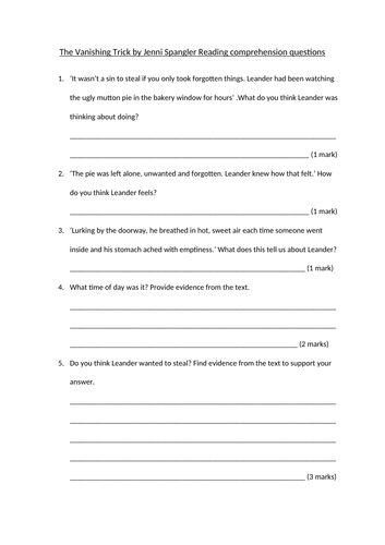 The Vanishing Trick by Jenni Spangler Reading comprehension questions ...