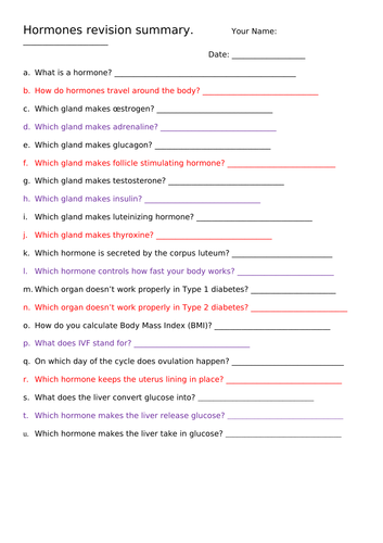 Human Hormones Summary Questions | Teaching Resources