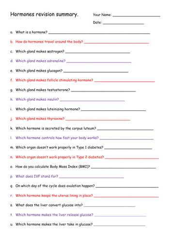 Human Hormones Summary Questions | Teaching Resources