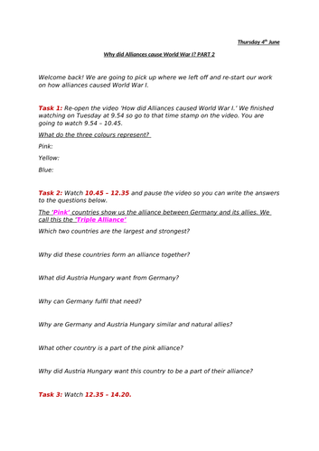 Lockdown Worksheet: How did alliances cause World War I? | Teaching ...