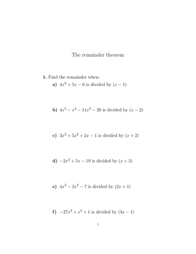 The remainder theorem worksheet (with solutions) | Teaching Resources