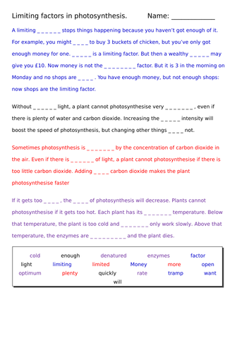 Photosynthesis Limiting Factors Cloze. | Teaching Resources
