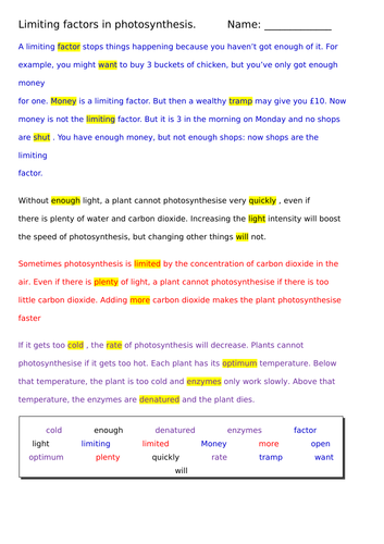 Photosynthesis Limiting Factors Cloze. | Teaching Resources