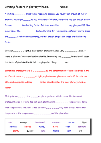 Photosynthesis Limiting Factors Cloze. | Teaching Resources