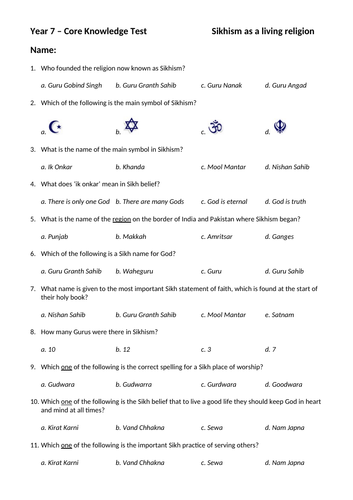 RE KS3 Knowledge Organiser & test: Sikhism | Teaching Resources