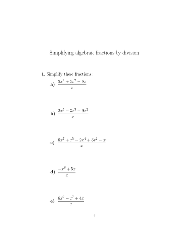 Simplifying algebraic fractions by division worksheet (with solutions ...