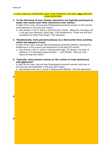 AQA A Level English lit- ALL PRACTICE QUESTIONS FOR OTHELLO | Teaching ...