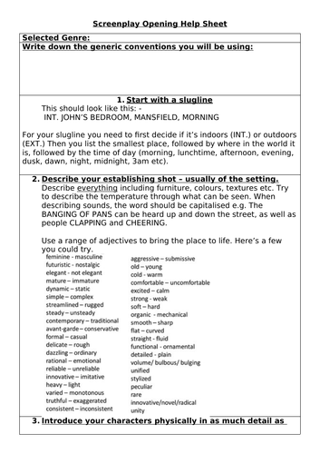Week 3 and 4 GCSE Film Studies Comp 3 screenplay unit Eduqas | Teaching ...
