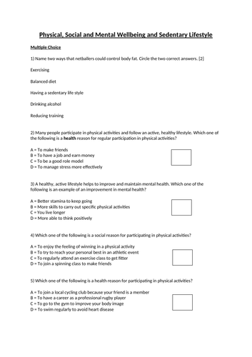 Physical, Mental and Social Well-being Questions for GCSE PE | Teaching ...