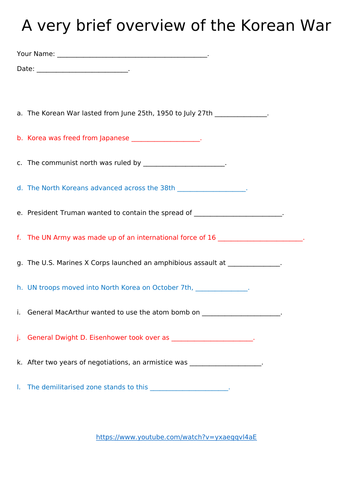 Overview of Korean War Video Questions | Teaching Resources