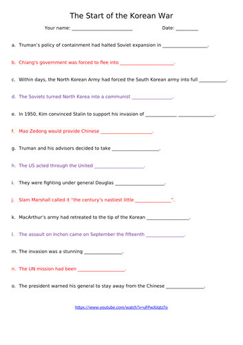 Start of the Korean War Video Questions | Teaching Resources