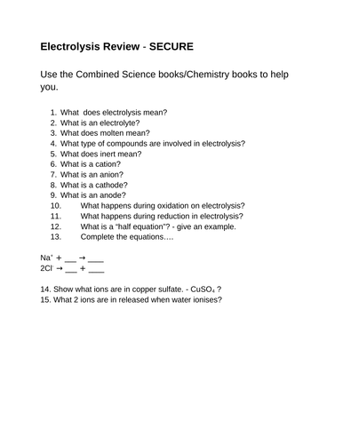electrolysis revision sheets | Teaching Resources electrolysis revision sheets | Teaching Resources