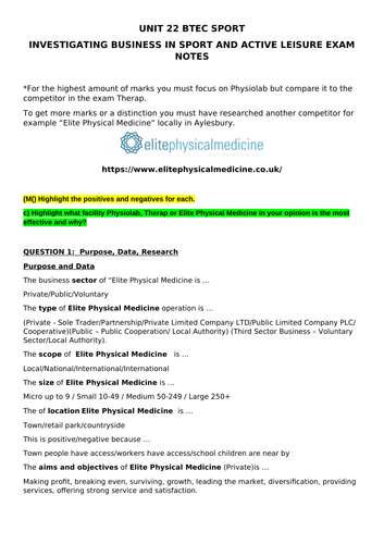 LEVEL 3 BTEC SPORT UNIT 22 INVESTIGATING BUSINESS IN THE SPORT AND ...
