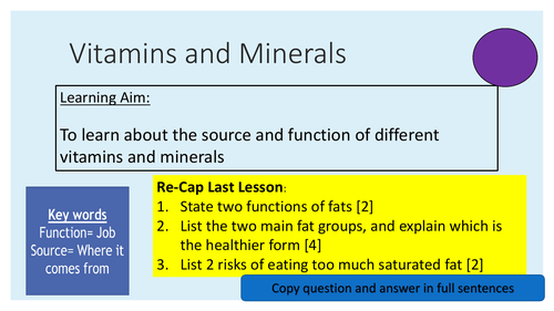 KS3 Vitamins and Minerals Remote Learning | Teaching Resources