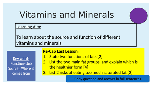 KS3 Vitamins and Minerals Remote Learning | Teaching Resources