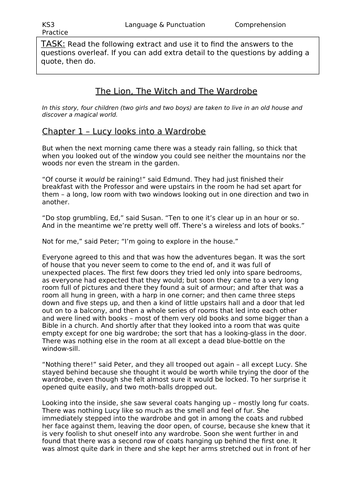 The Lion, the Witch and the Wardrobe - Chapter 1 Comprehension ...