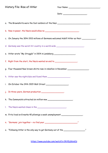 History File Nazi Germany 1: The Rise of Hitler Video Questions ...