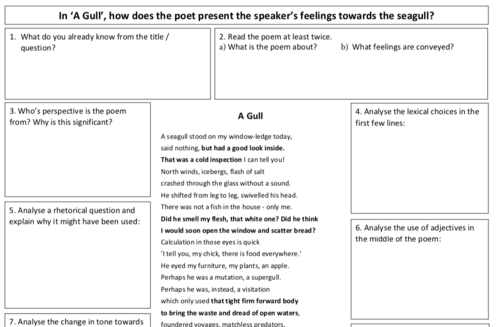 Unseen Poetry analysis worksheet -A Gull | Teaching Resources