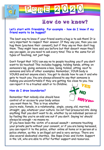 PSHE Workbook : Consent + Boundaries | Teaching Resources