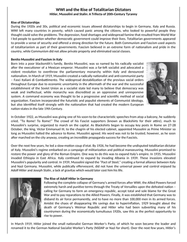 WWI and the Rise of Totalitarianism (Hitler, Mussolini, Stalin ...