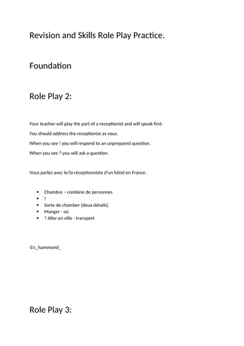 AQA GCSE French Role Play Foundation Practice Sheets | Teaching Resources