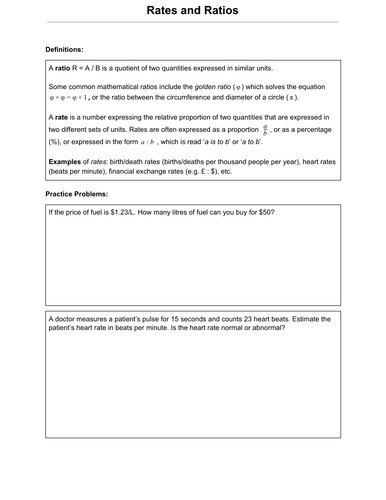 Rates and Ratios Worksheet with Problems and Solutions (.pdf ...
