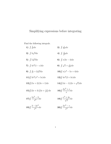 Simplifying expressions before integrating worksheet (with solutions ...